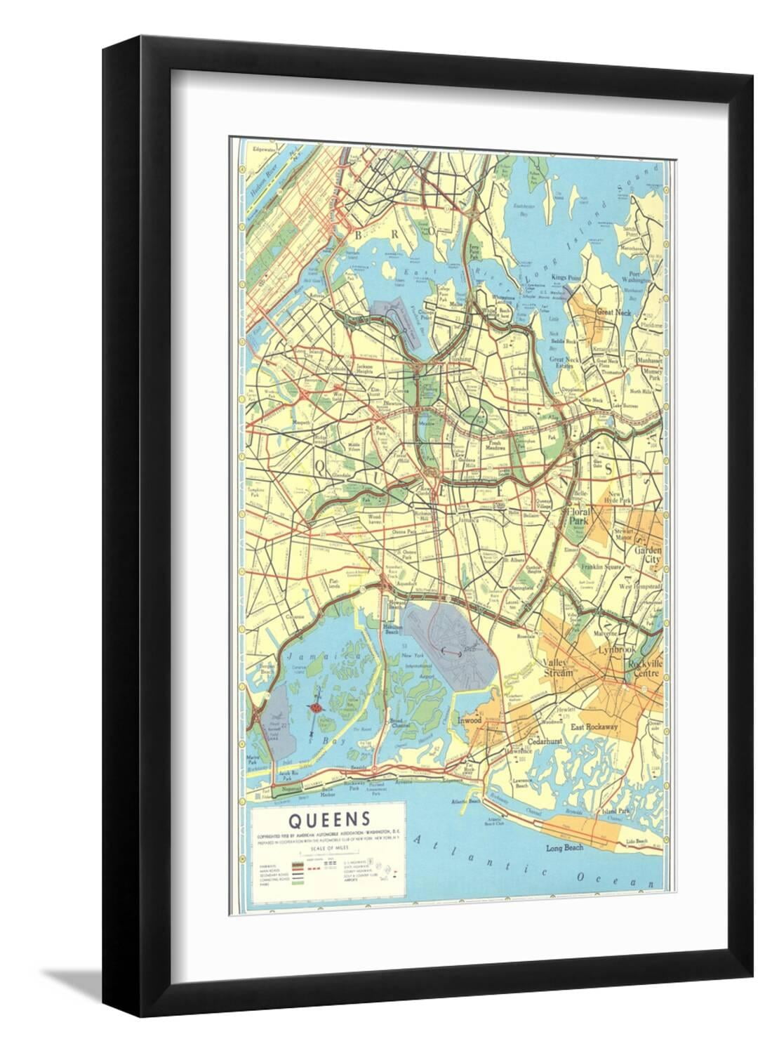 Art.com Map of Queens, New York Art Print, Black Frame Wall Art, 17" x ...