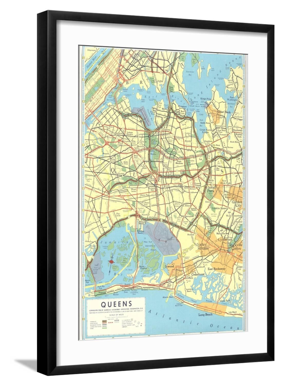 Art.com Map of Queens, New York Art Print, Black Frame Wall Art, 21" x ...