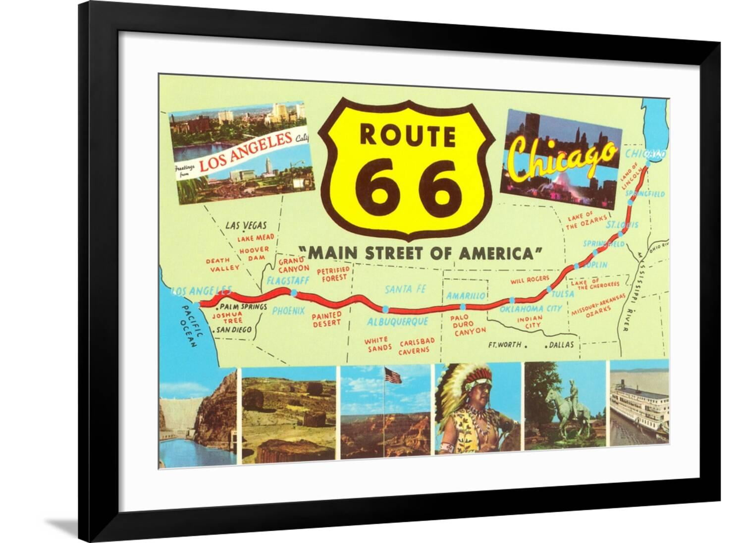 Art.com Map of Route 66 Art Print, Black Frame Wall Art, 44" x 32 ...