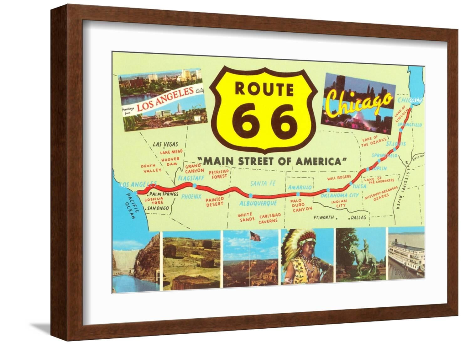 Art.com Map of Route 66 Art Print, Brown Frame Wall Art, 23" x 17 ...
