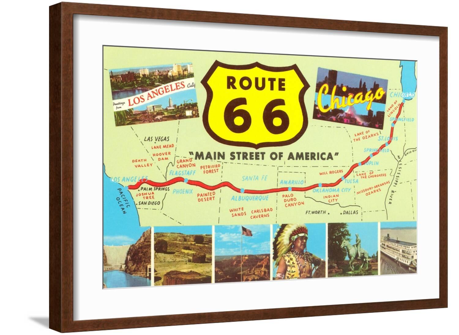 Art.com Map of Route 66 Art Print, Brown Frame Wall Art, 29" x 21 ...