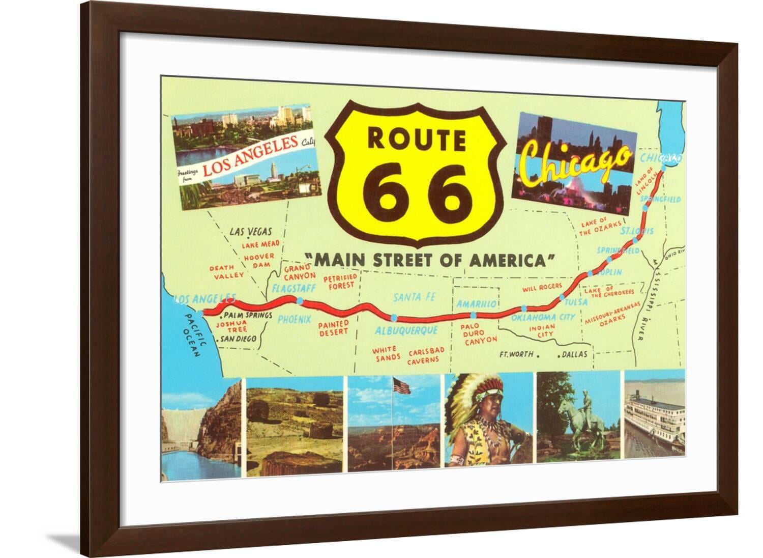 Art.com Map of Route 66 Art Print, Brown Frame Wall Art, 44" x 32 ...
