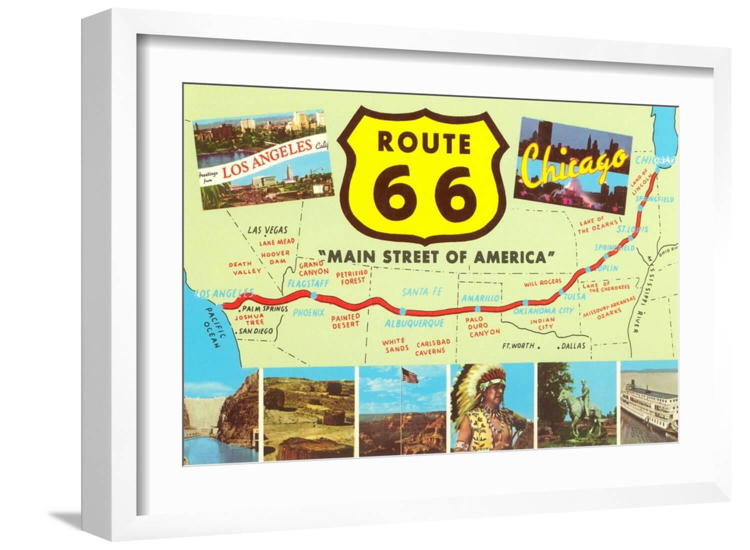 Art.com Map of Route 66 Art Print, White Frame Wall Art, 23" x 17 ...