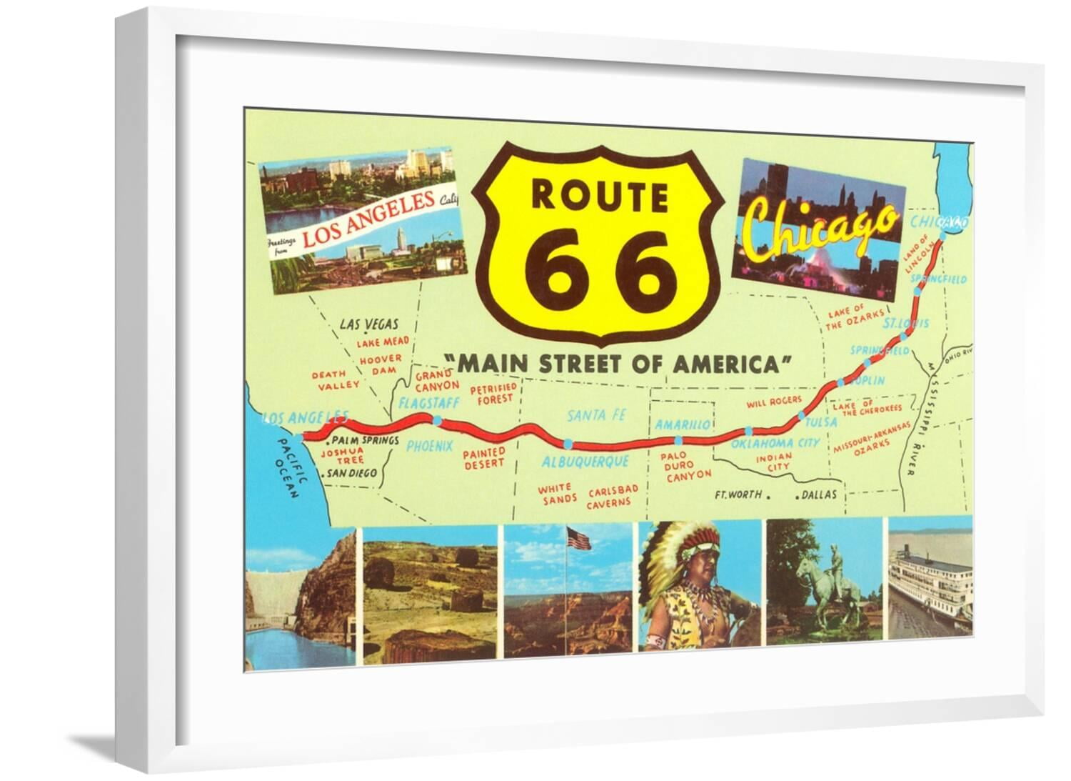 Art.com Map of Route 66 Art Print, White Frame Wall Art, 29" x 21 ...