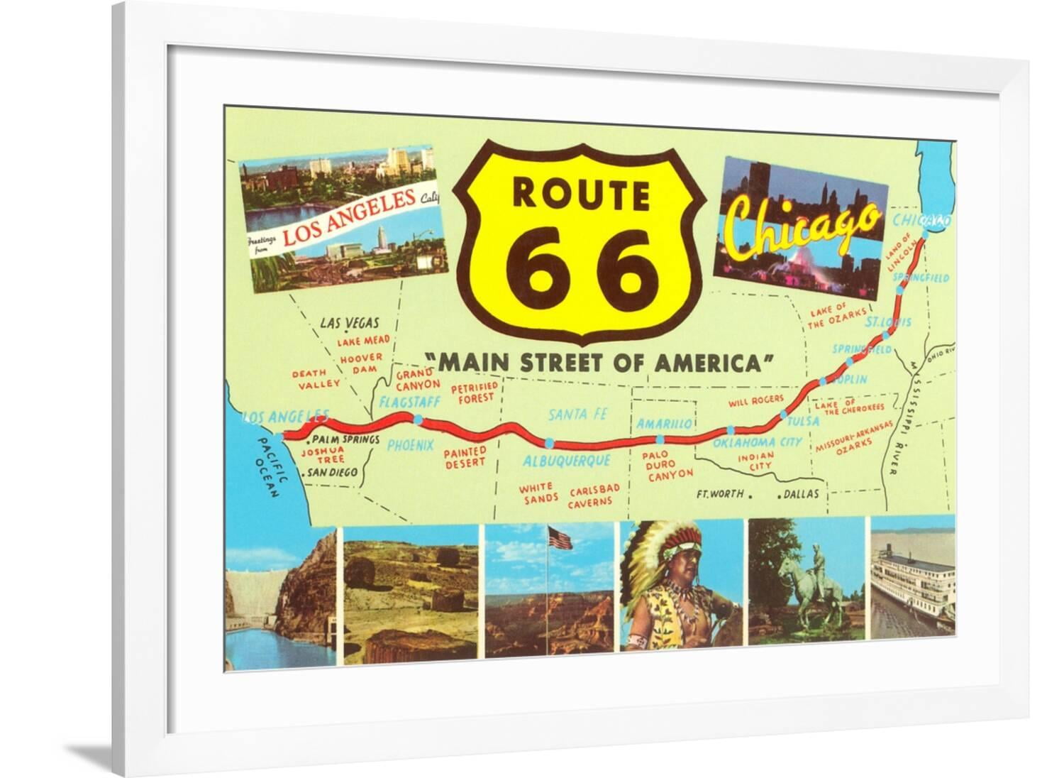 Art.com Map of Route 66 Art Print, White Frame Wall Art, 44" x 32 ...