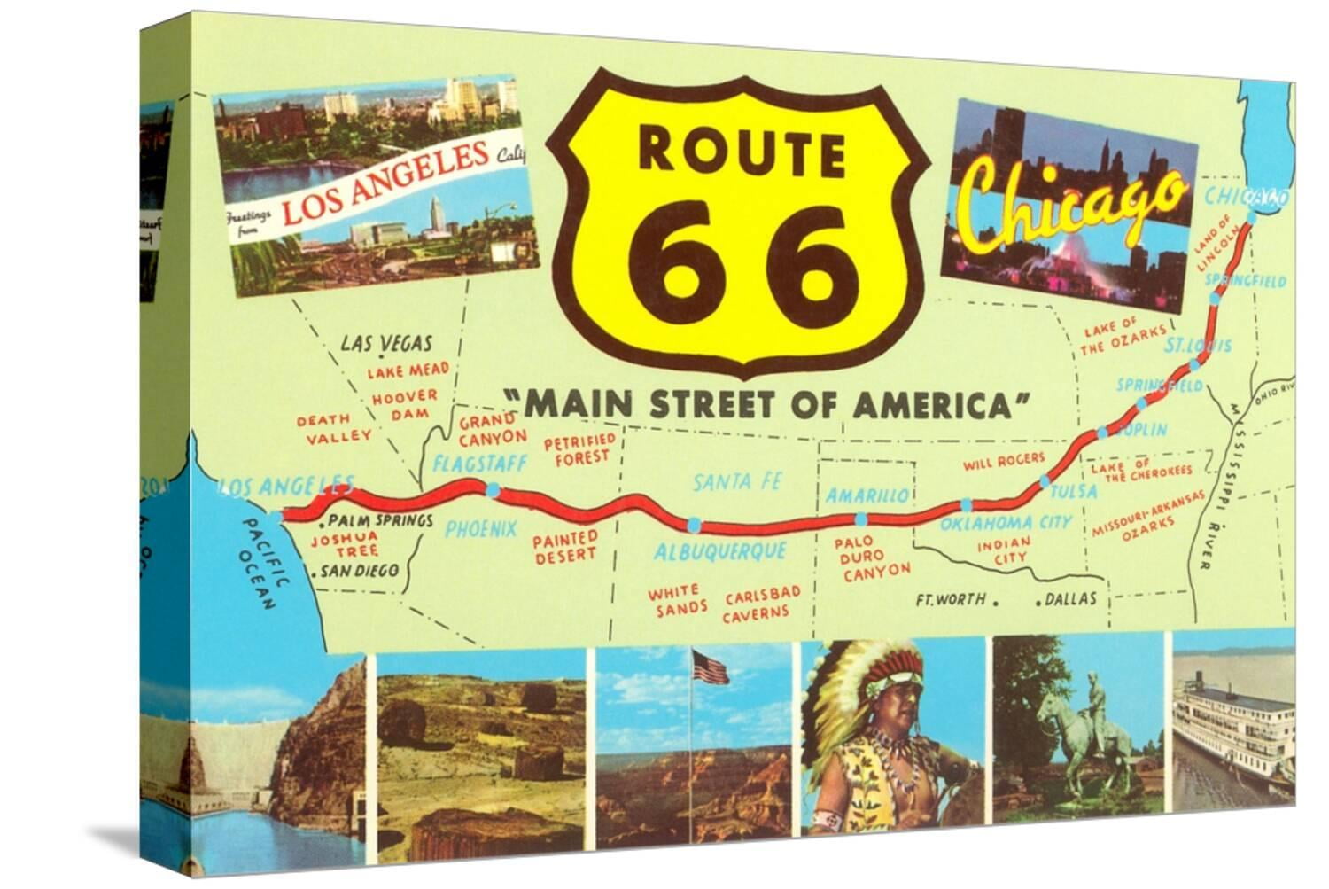 Art.com Map of Route 66 Stretched Canvas Print Wall Art, 18" x 12 ...