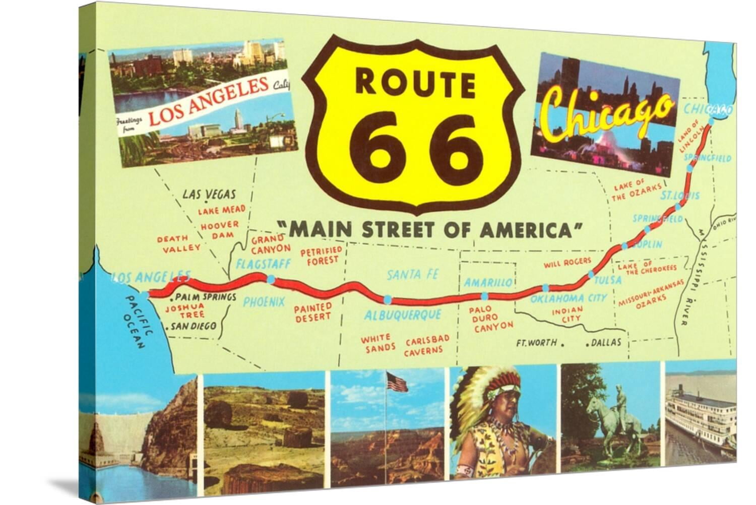 Art.com Map of Route 66 Stretched Canvas Print Wall Art, 36" x 24 ...
