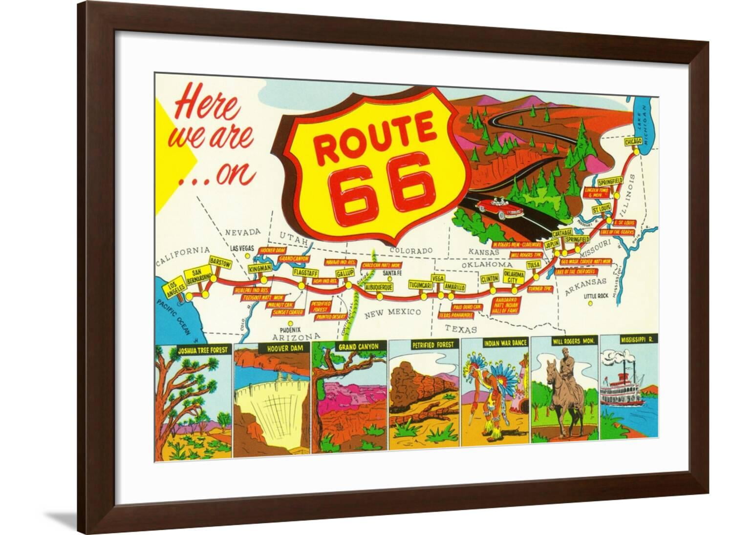 Art.com Map of Route 66 from Los Angeles to Chicago Art Print by ...