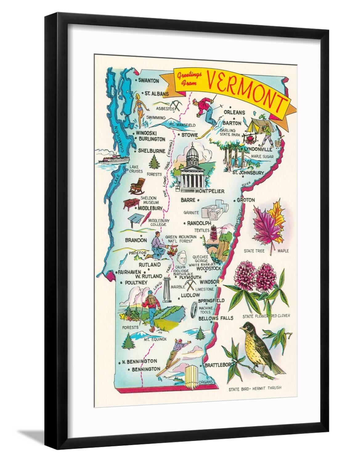 Art.com Map of Vermont Art Print, Black Frame Wall Art, 21" x 29 ...