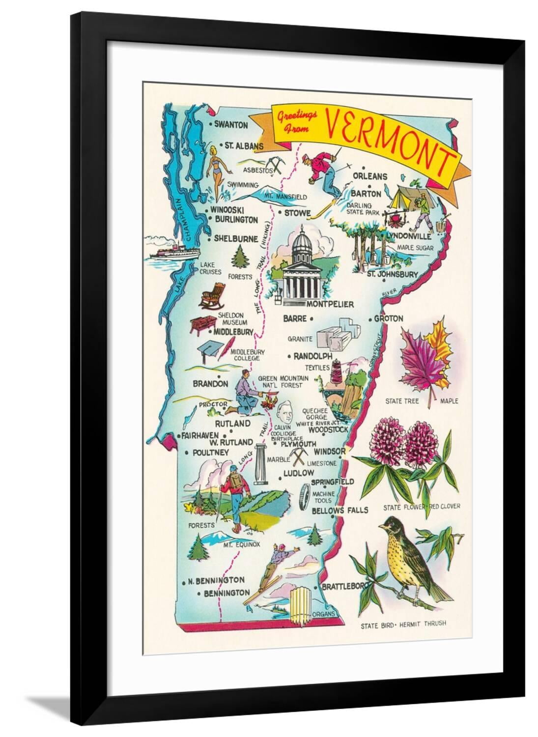 Art.com Map of Vermont Art Print, Black Frame Wall Art, 32" x 44 ...