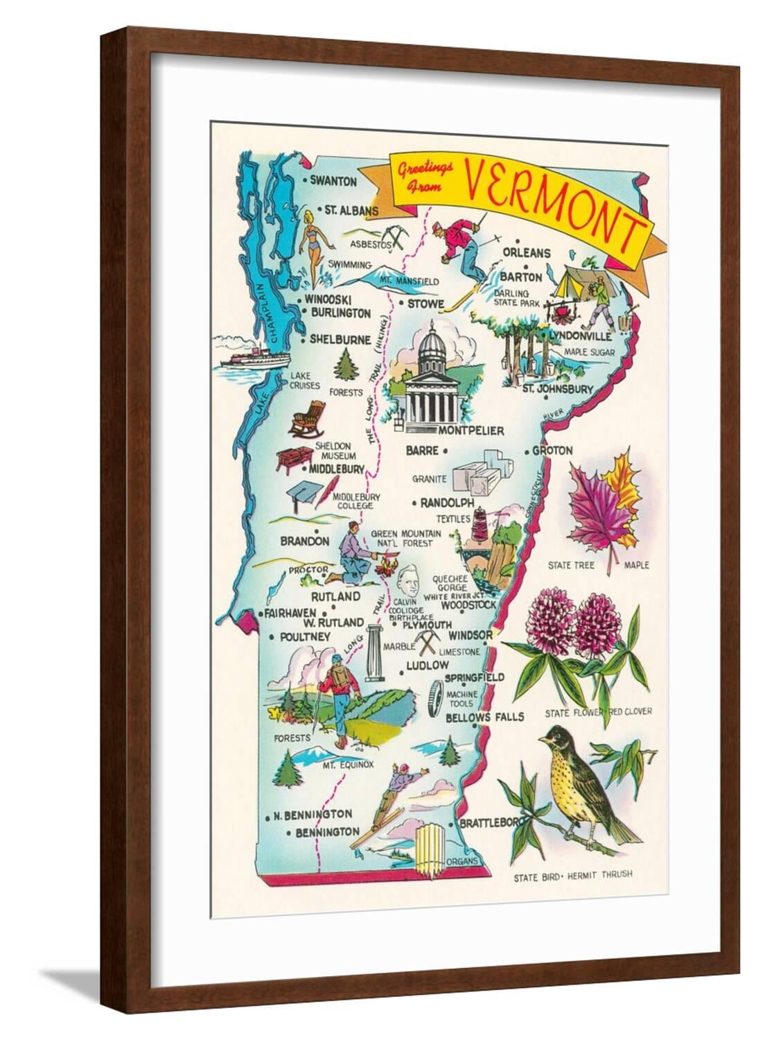 Art.com Map of Vermont Art Print, Brown Frame Wall Art, 21" x 29 ...