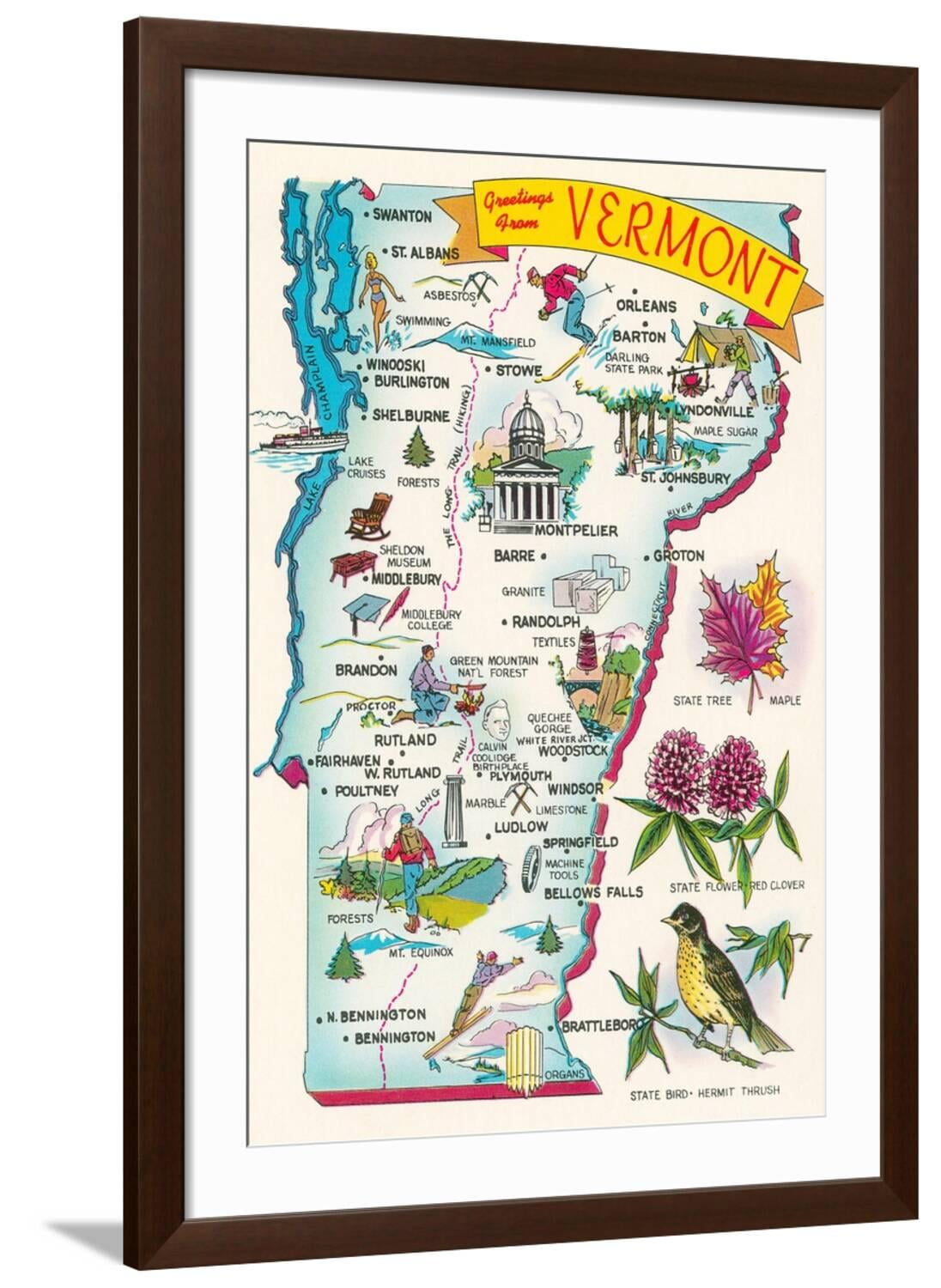 Art.com Map of Vermont Art Print, Brown Frame Wall Art, 32" x 44 ...