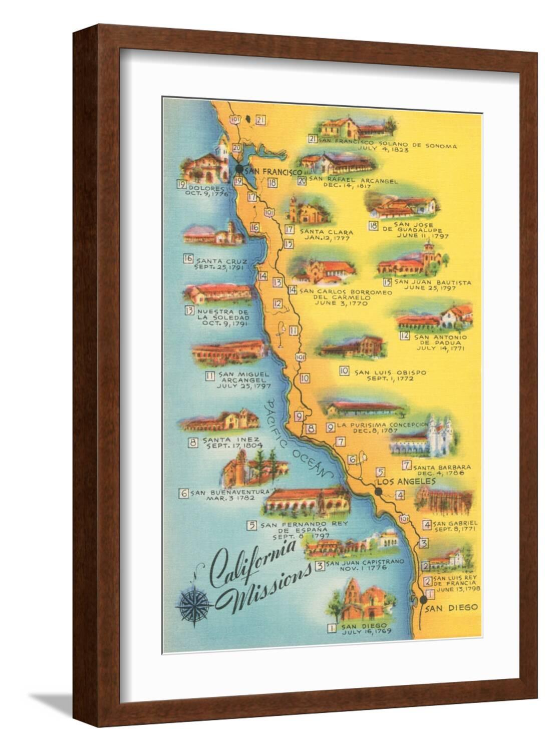 Art.com Map of the Missions, California Art Print, Brown Frame Wall Art ...