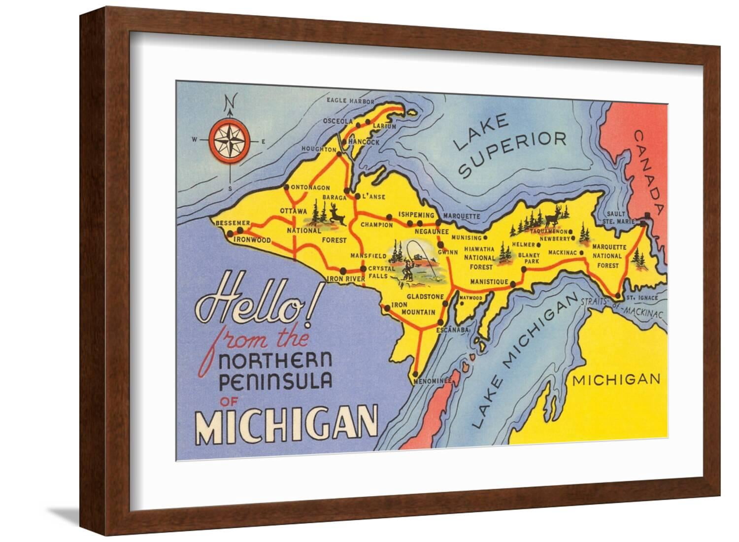 Art.com Map of the Upper Peninsula, Michigan Art Print, Brown Frame ...