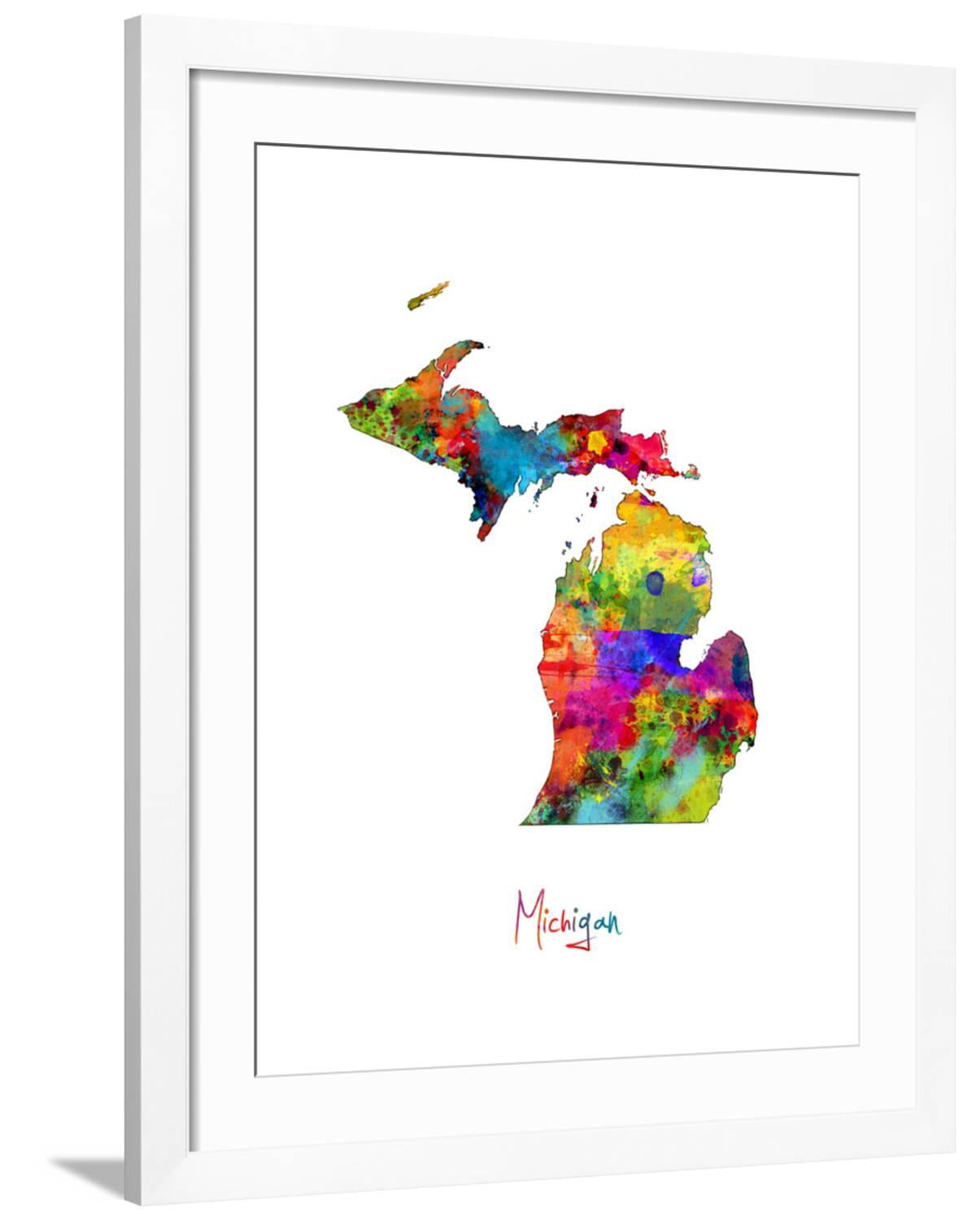 Art.com Michigan Map Art Print by Michael Tompsett, White Frame Wall ...