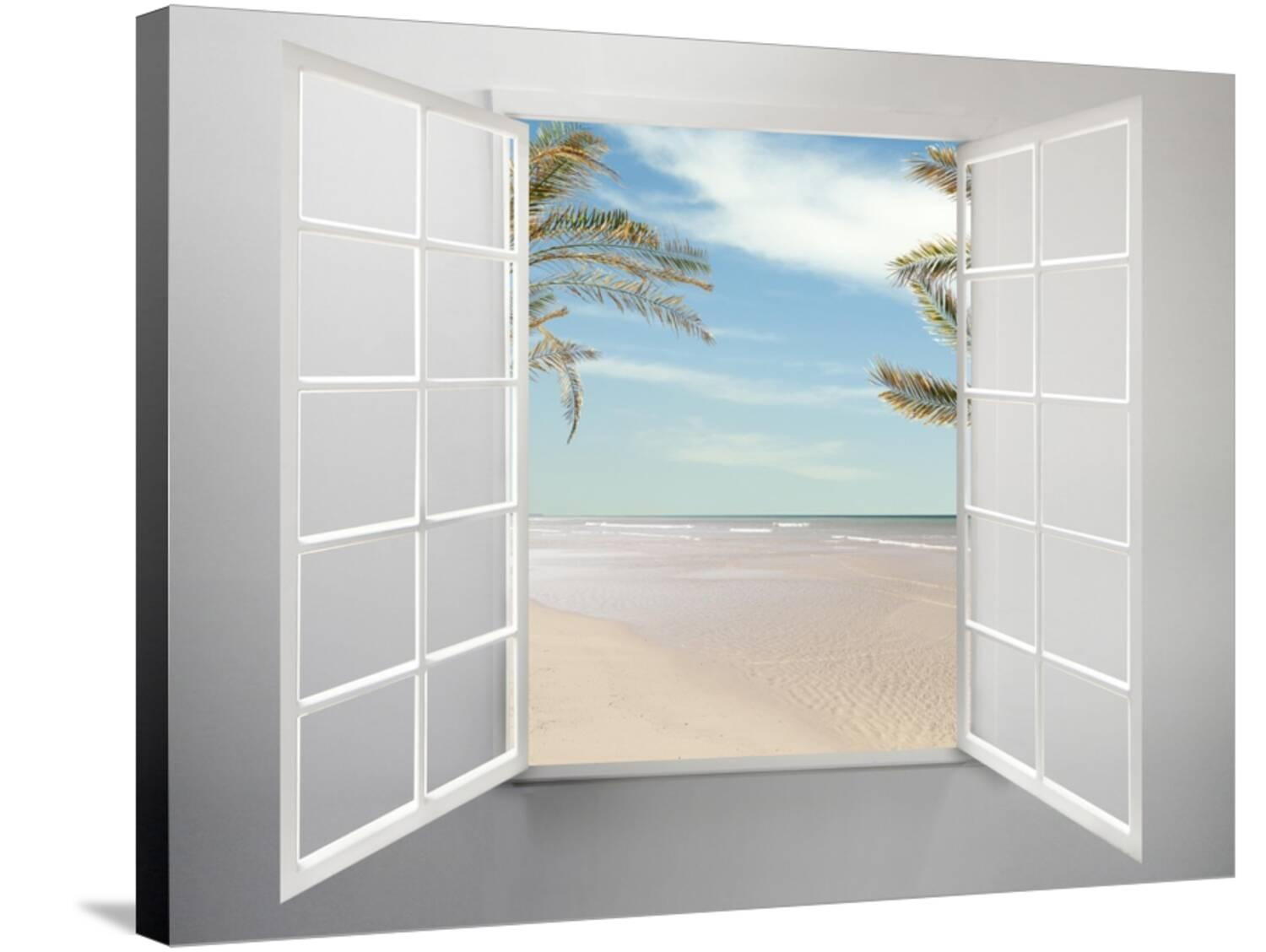 Art.com Modern Residential Window Open and Beach with Palm Trees Behind ...