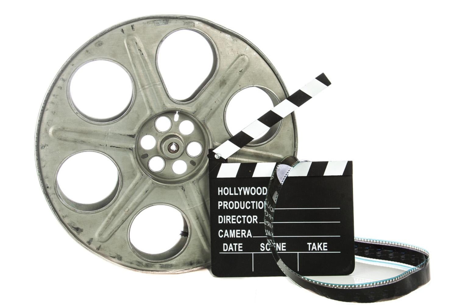 Art.com Movie Clapper Board With Film Reel On White Background Art ...