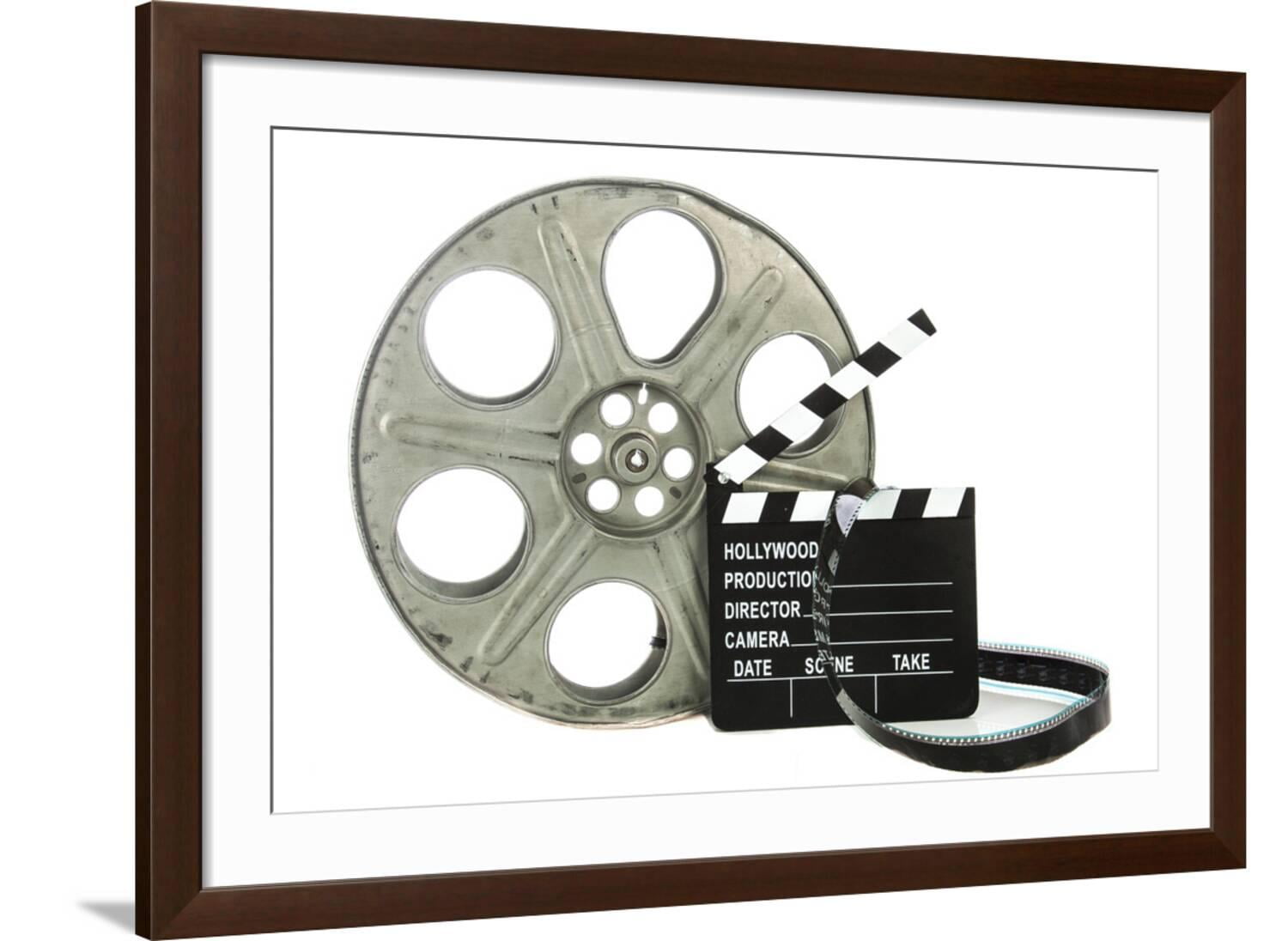 Art.com Movie Clapper Board With Film Reel On White Background Art ...