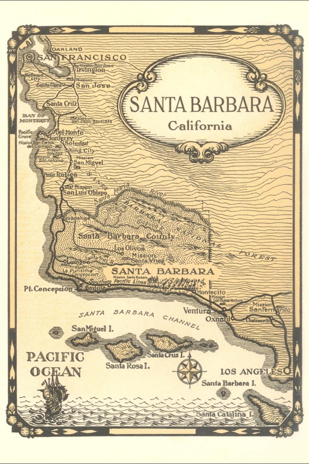 Art.com Old Map of Santa Barbara, California Art Print, 16" x 24 ...