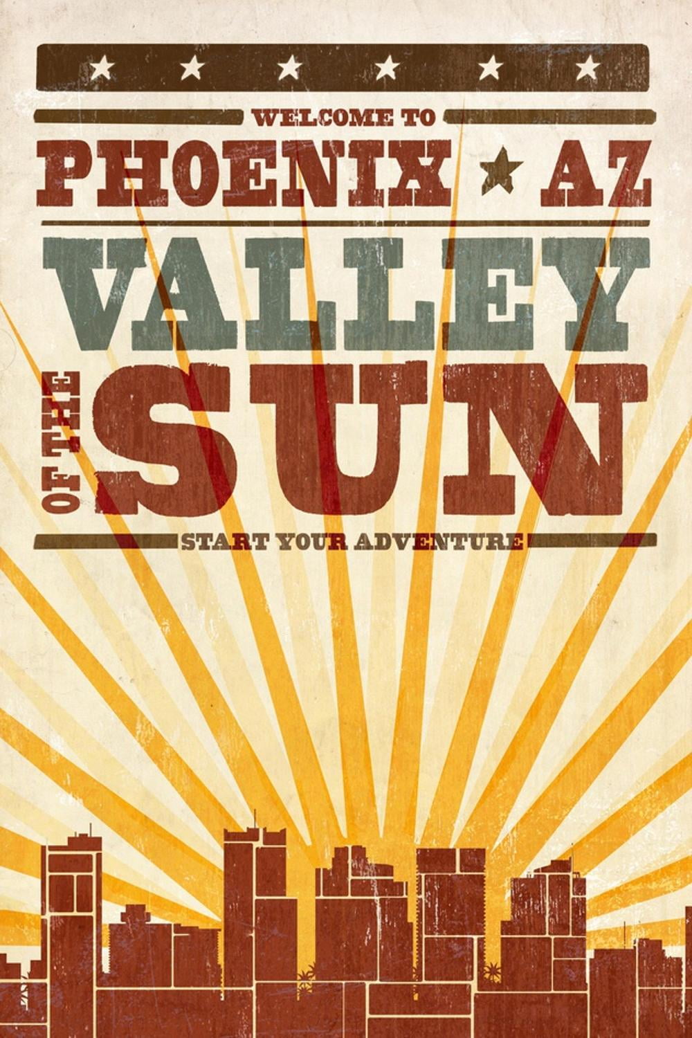 Art.com Phoenix, Arizona - Skyline and Sunburst Screenprint Style Art ...