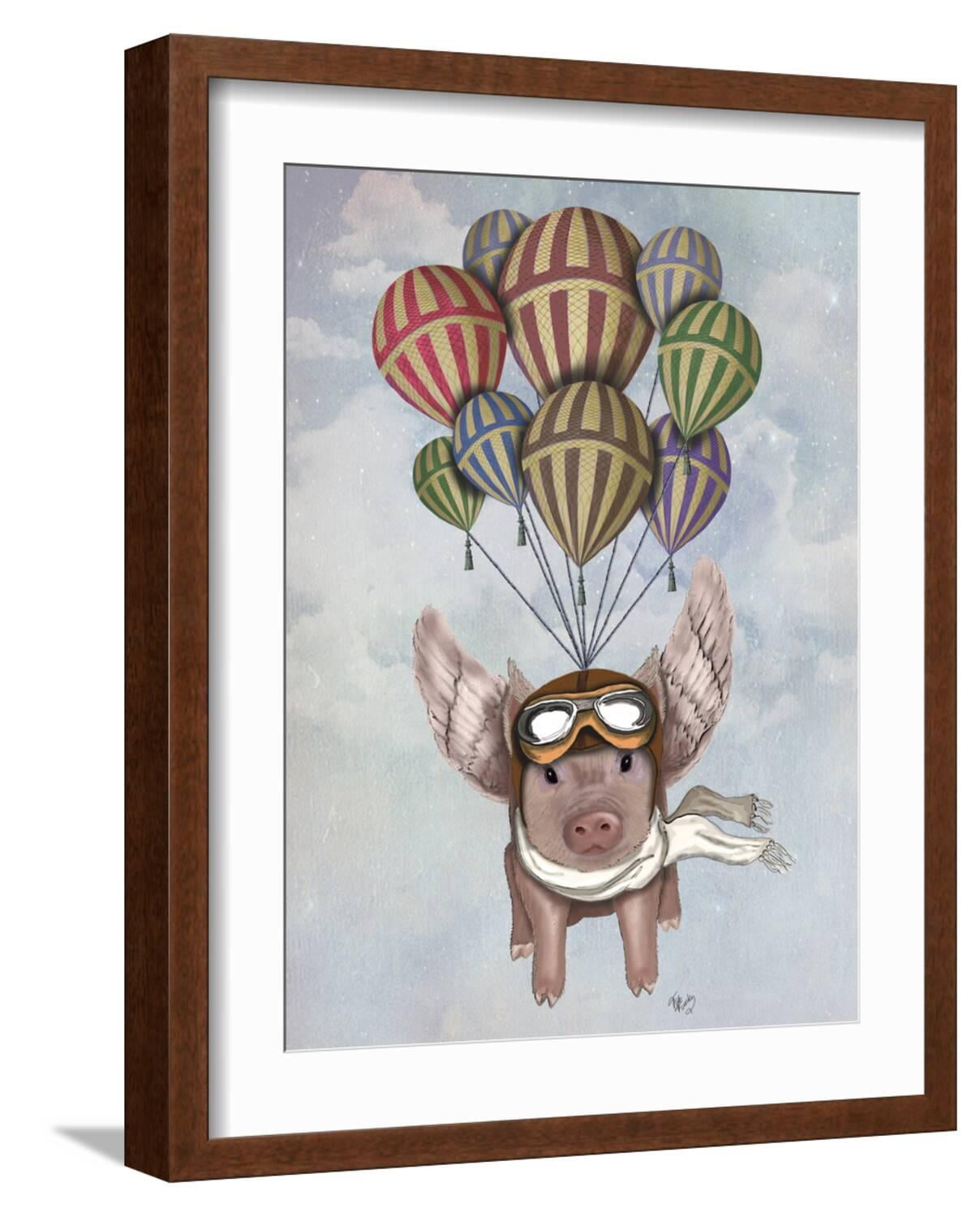 Art.com Pig and Balloons Art Print by Fab Funky, Brown Frame Wall Art ...