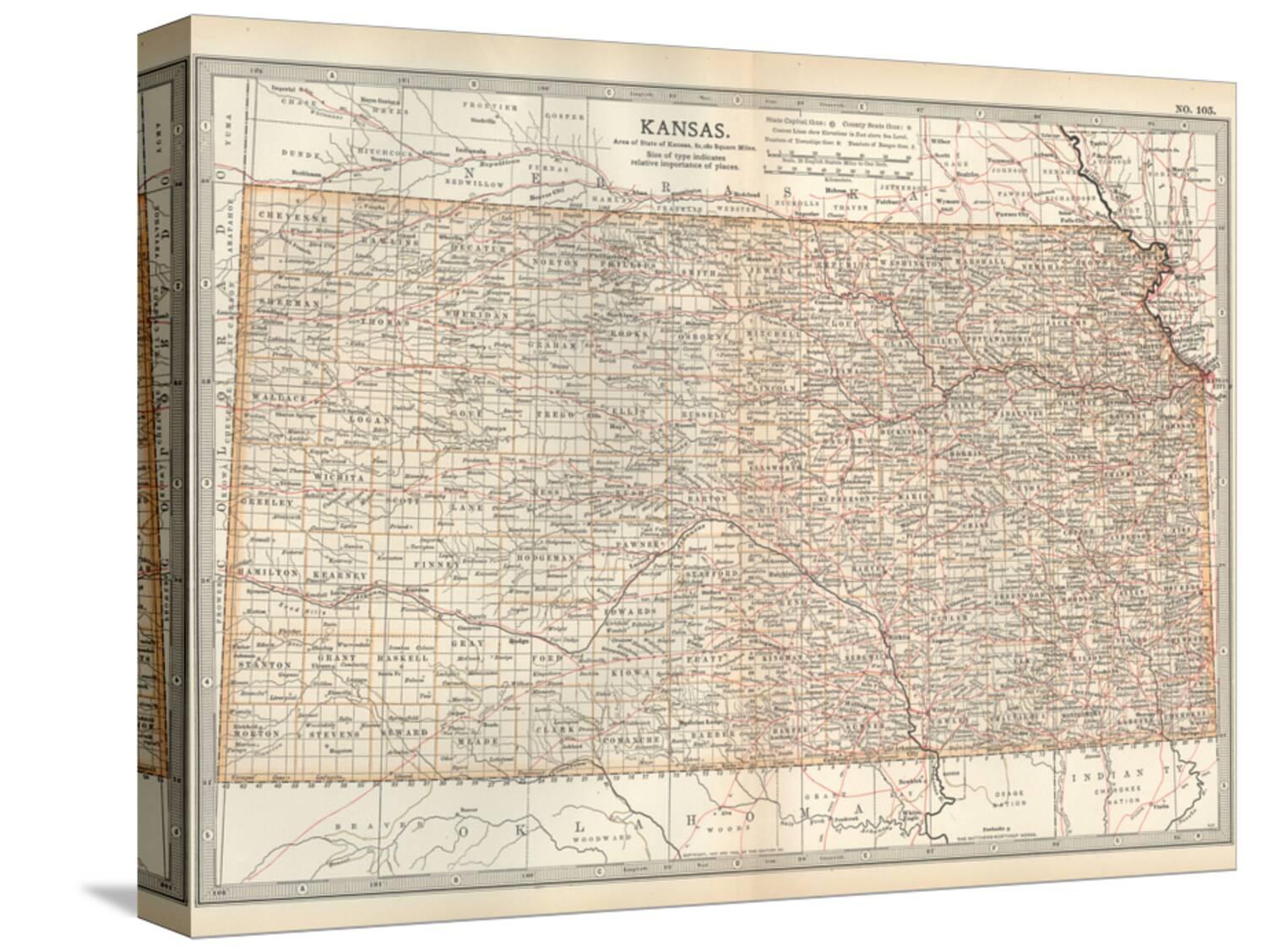 Art.com Plate 105. Map of Kansas. United States Stretched Canvas Print ...