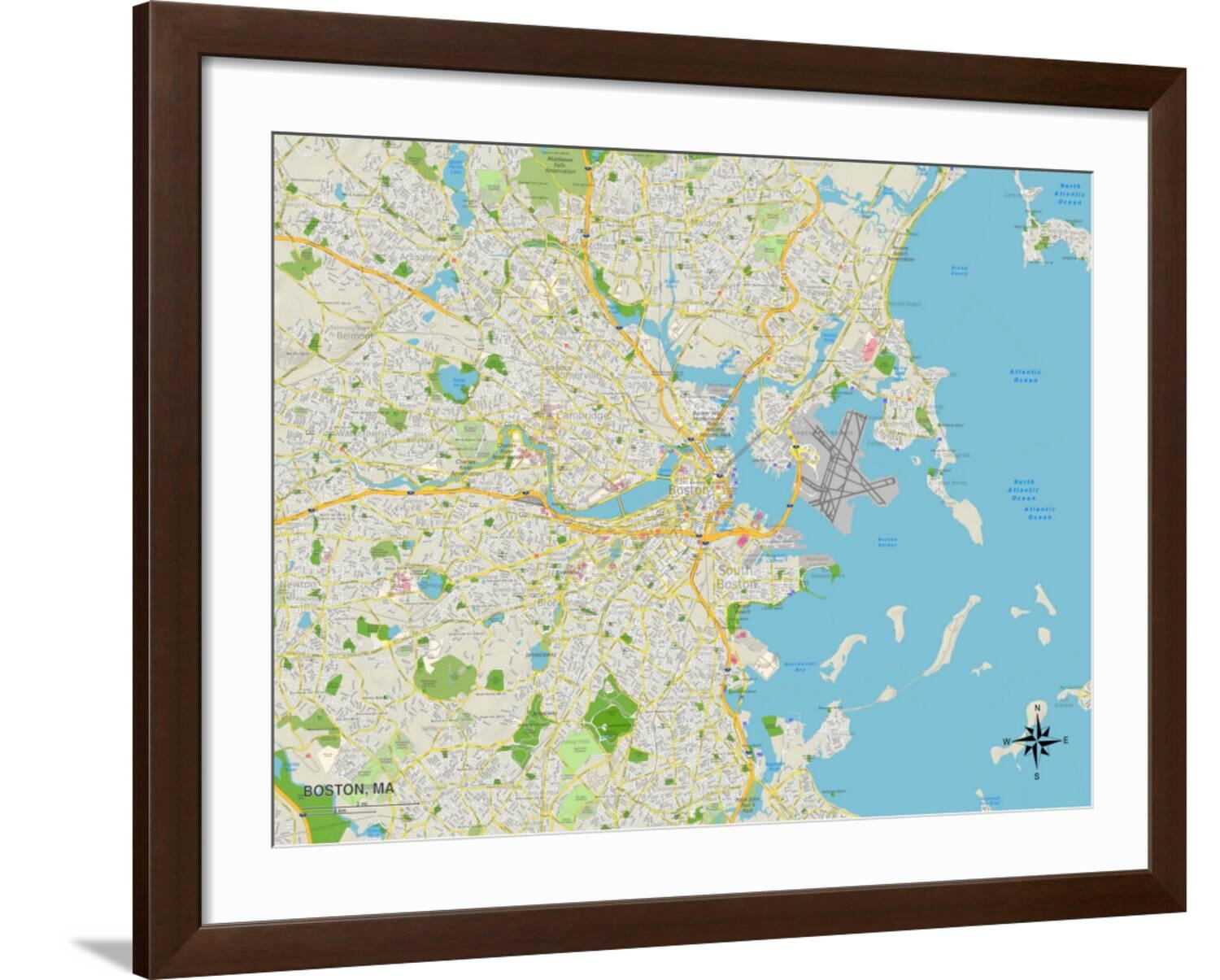 Art.com Political Map of Boston, MA Art Print, Brown Frame Wall Art, 40 ...