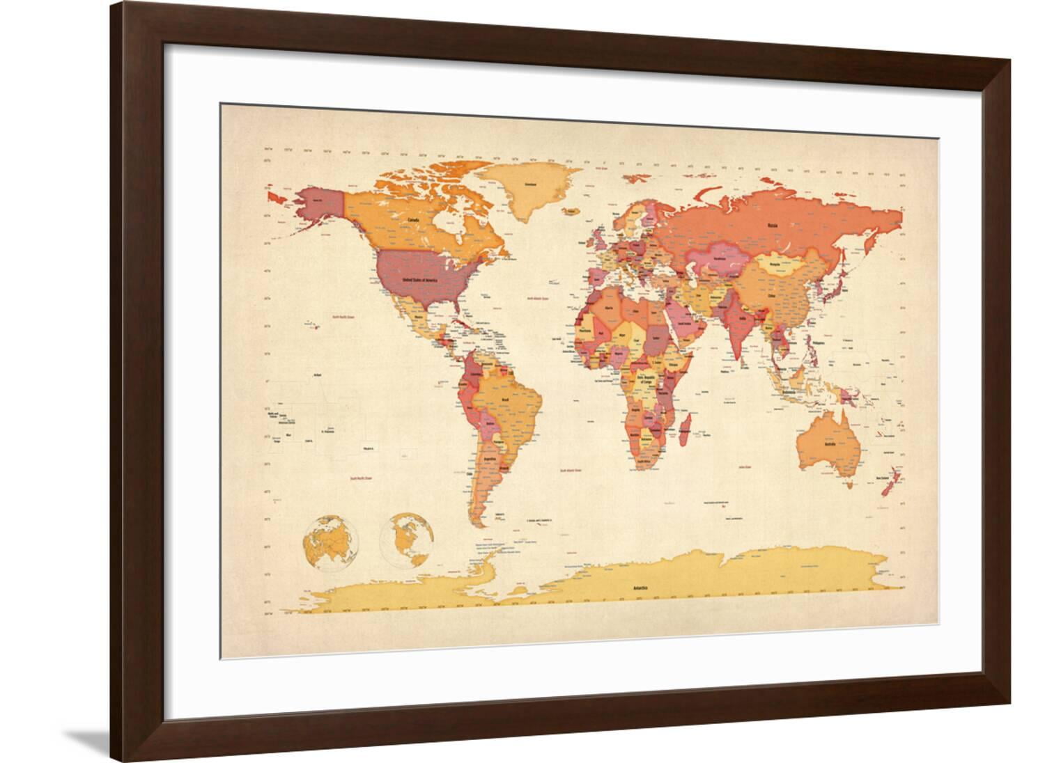 Art.com Political Map of the World Map Art Print by Michael Tompsett, Brown Frame Wall Art, 44 ...