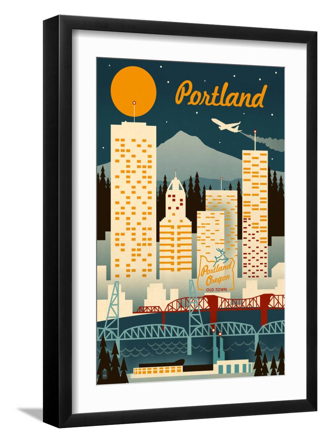 Art.com Portland, Oregon - Retro Skyline Premium Giclee Print by ...