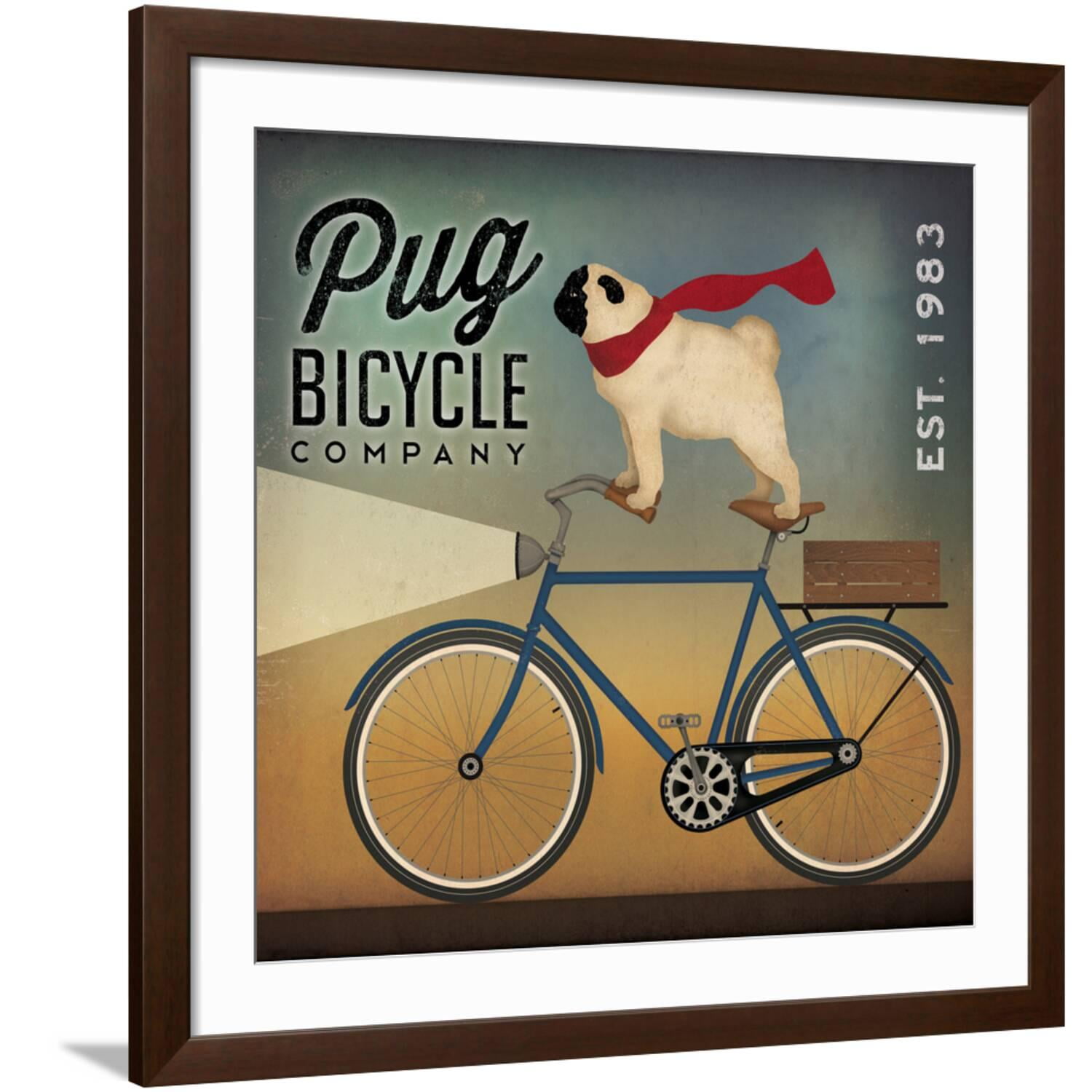Art.com Pug on a Bike Indigo Art Print by Ryan Fowler, Brown Frame Wall ...