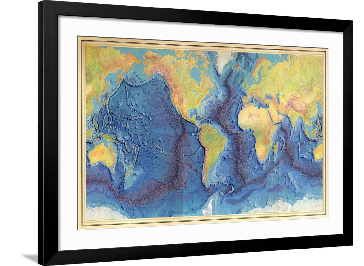Art.com Relief map of the World Ocean Floor Art Print, Black Frame Wall ...