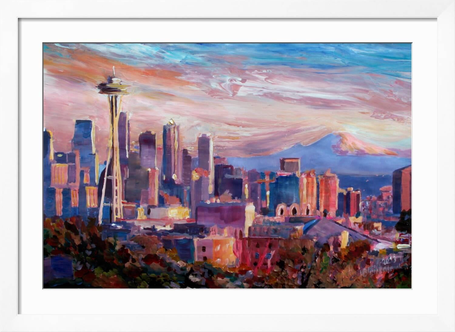 Art.com Seattle Skyline with Space Needle and Mt Rainier Art Print by ...