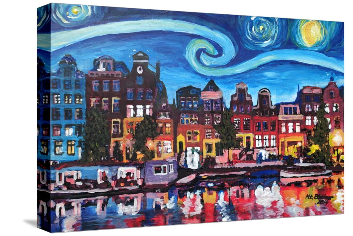 Art.com Starry Night over Amsterdam Canal with Van Gogh Stretched ...