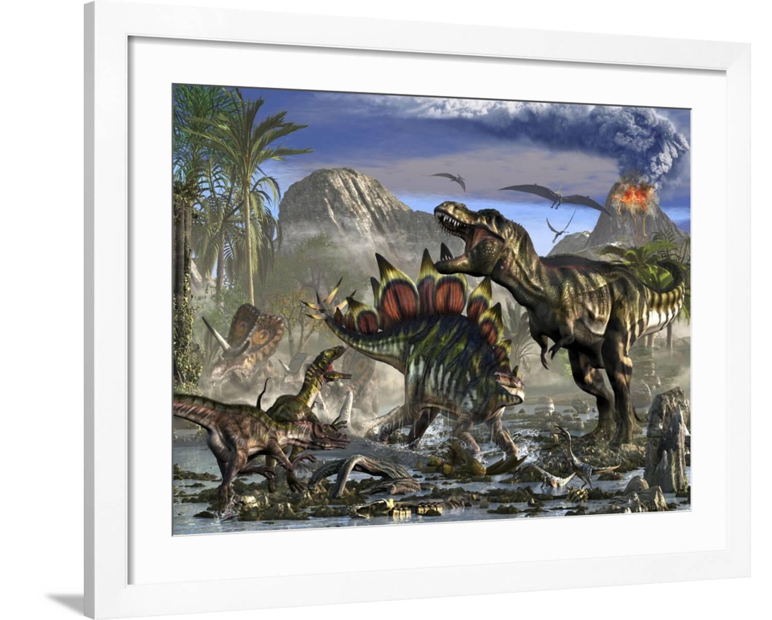 Art.com Stegosaurus Defending Himself from T-Rex and Some Utahraptors ...