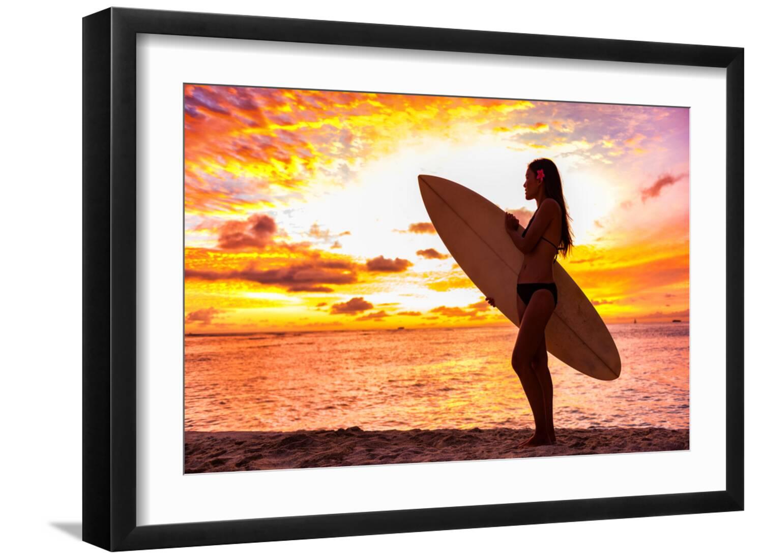 Art.com Surfer Bikini Girl on Hawaii Beach Holding Surf Board Watching ...