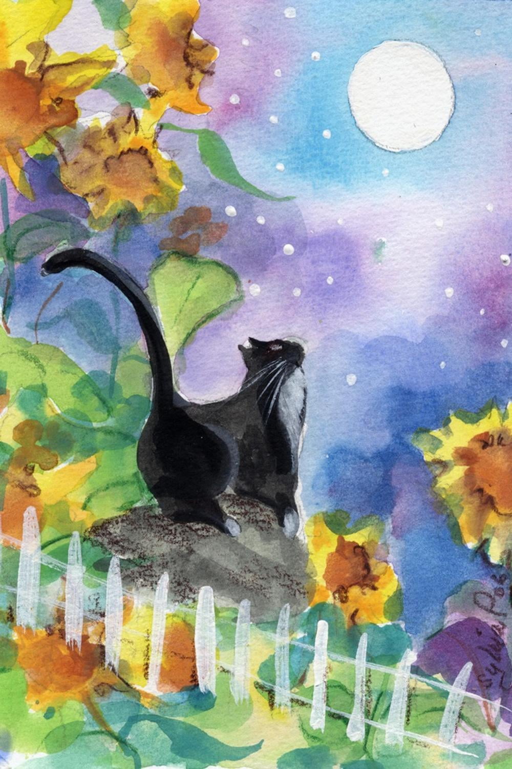 Art.com TUXEDO CAT MOONLIGHT SUNFLOWERS Art Print by sylvia pimental ...