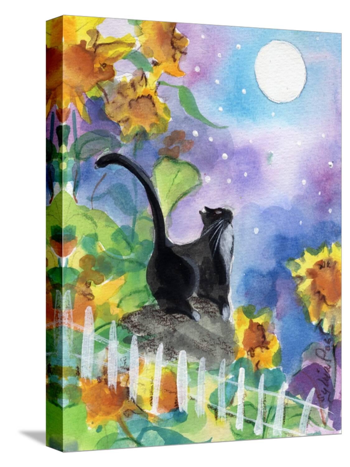 Art.com TUXEDO CAT MOONLIGHT SUNFLOWERS Stretched Canvas Print Wall Art ...
