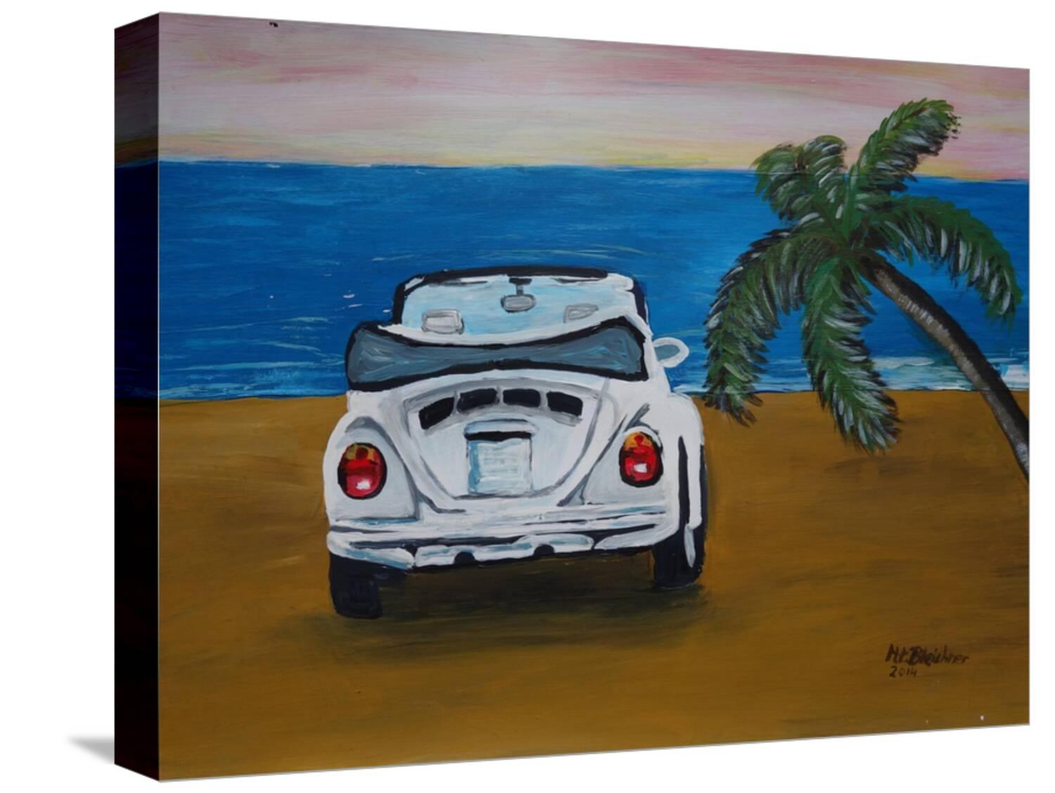 Art.com The VW Bug Series - The White Volkswagen Bug at the Beach Stretched Canvas Print Wall ...