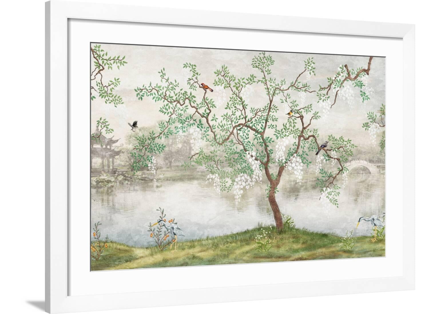 Art.com Tree by the Lake. Misty Landscape. Tree with Birds in the ...