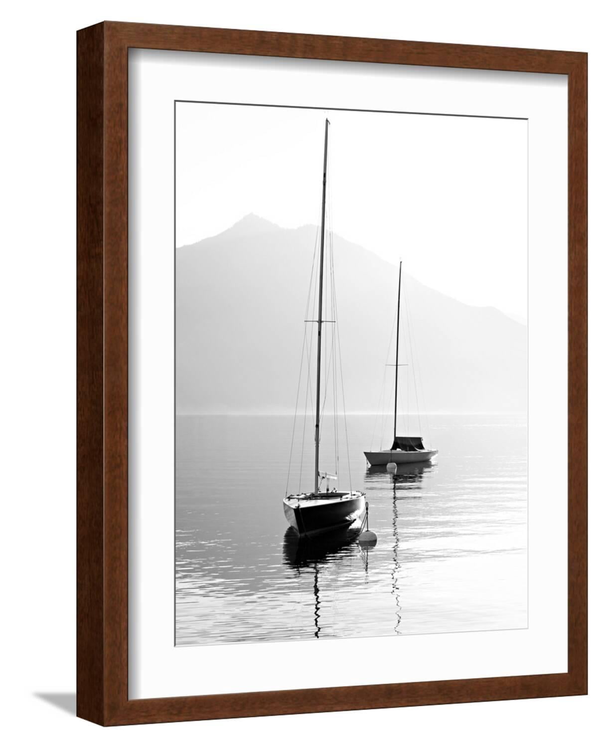 Art.com Two Sail Boats in Early Morning on the Mountain Lake. Black and ...