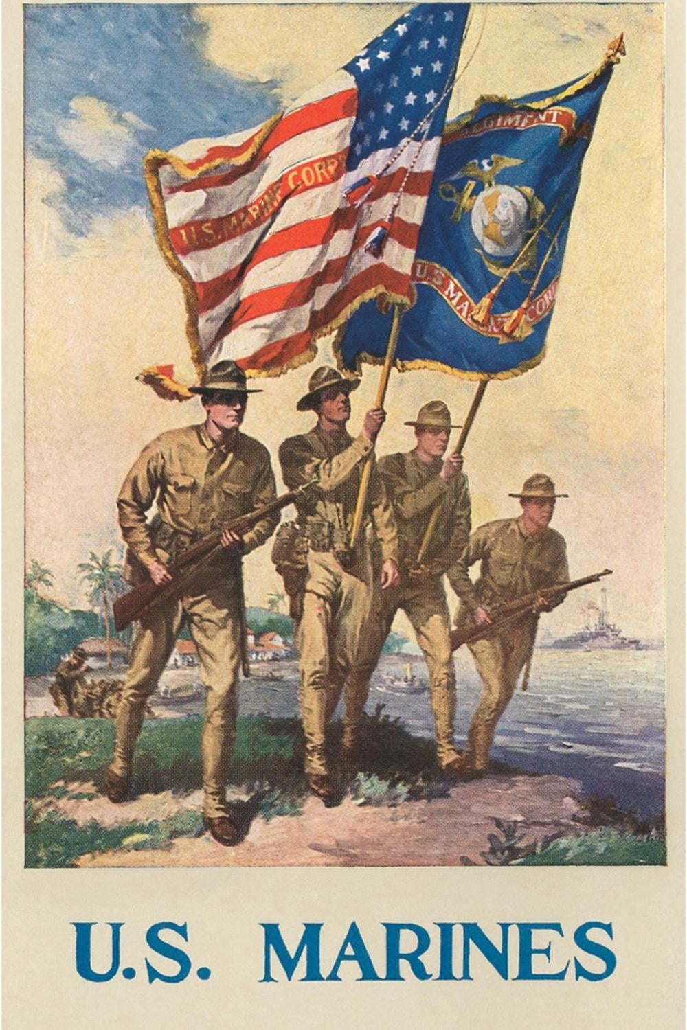 Art.com US Marines - Soldiers on Shore with US and Marine Flags Art ...