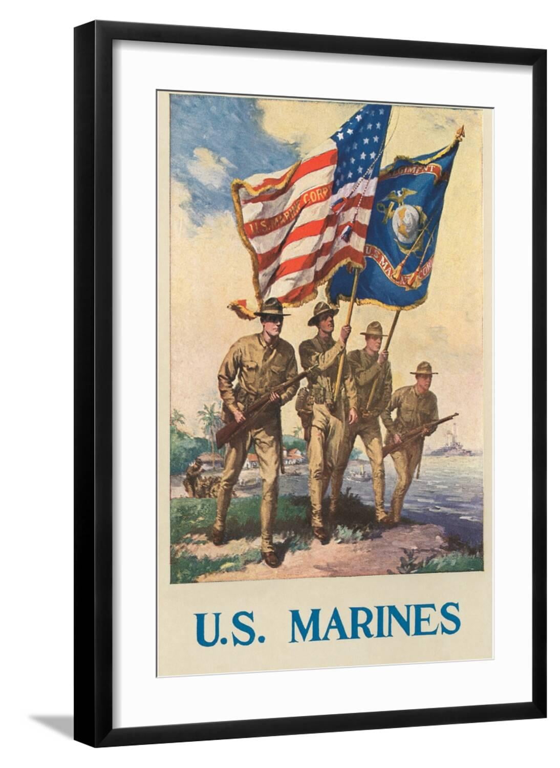 Art.com US Marines - Soldiers on Shore with US and Marine Flags Art ...