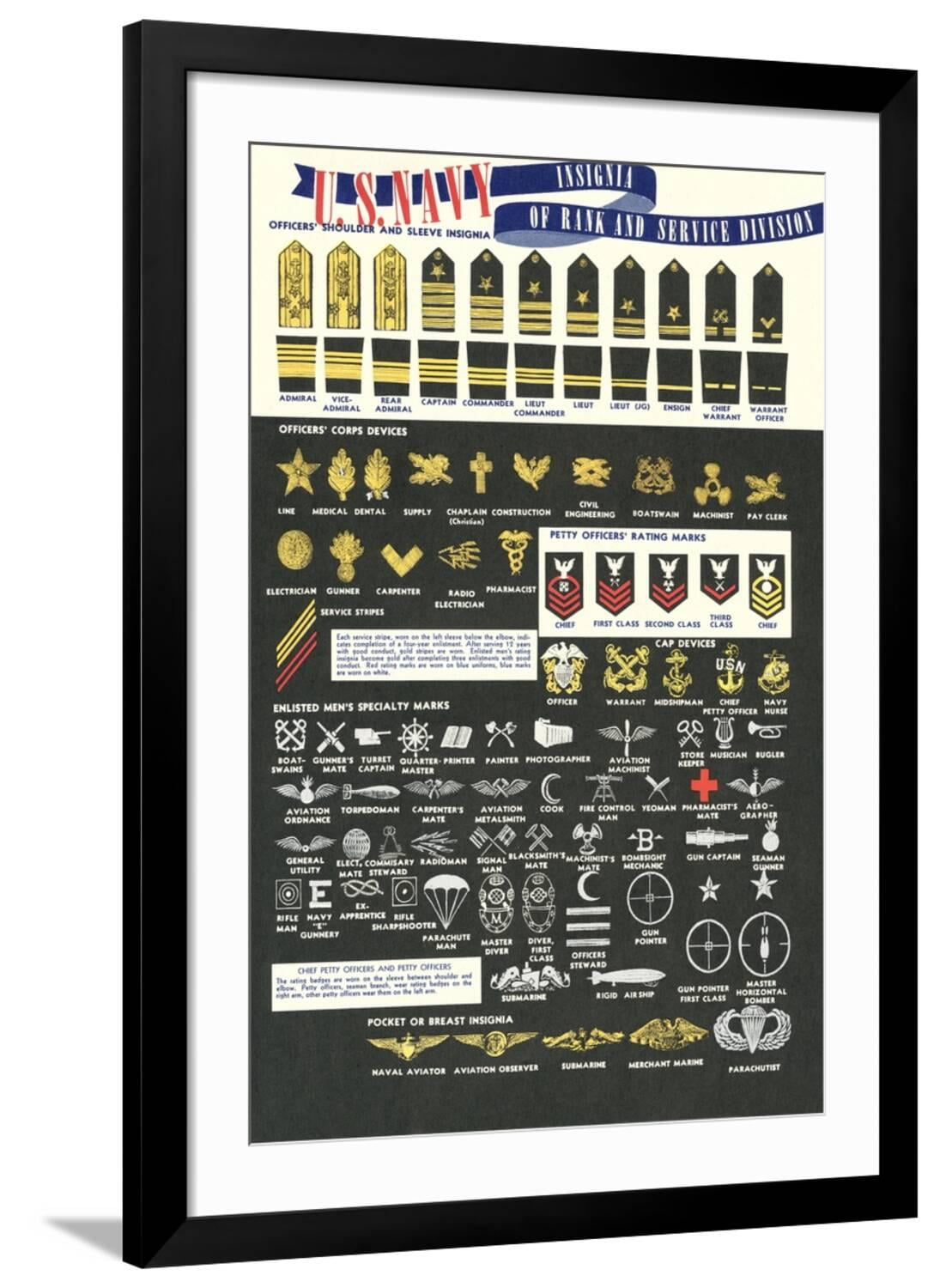Art.com US Navy Rank and Service Insignia Art Print, Black Frame Wall ...
