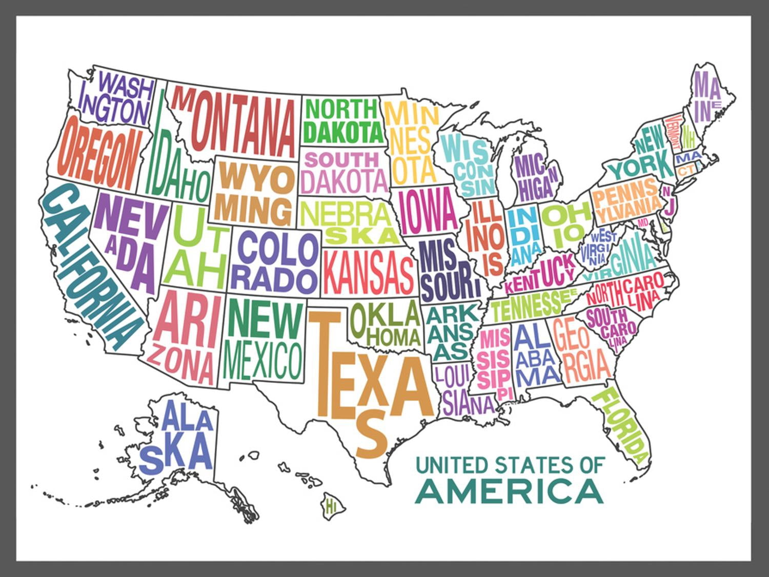 Art.com United States of America Stylized Text Map Colorful Art Print ...