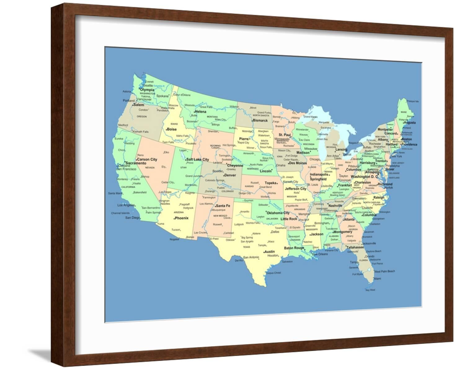 Art.com Usa Map With Names Of States And Cities Art Print by ...