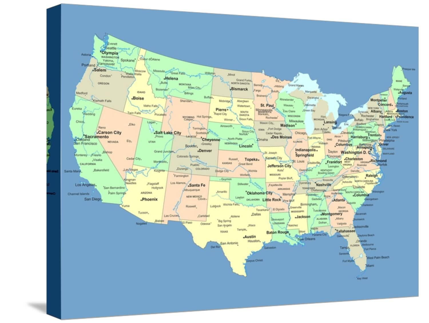 Art.com Usa Map With Names Of States And Cities Stretched Canvas Print ...