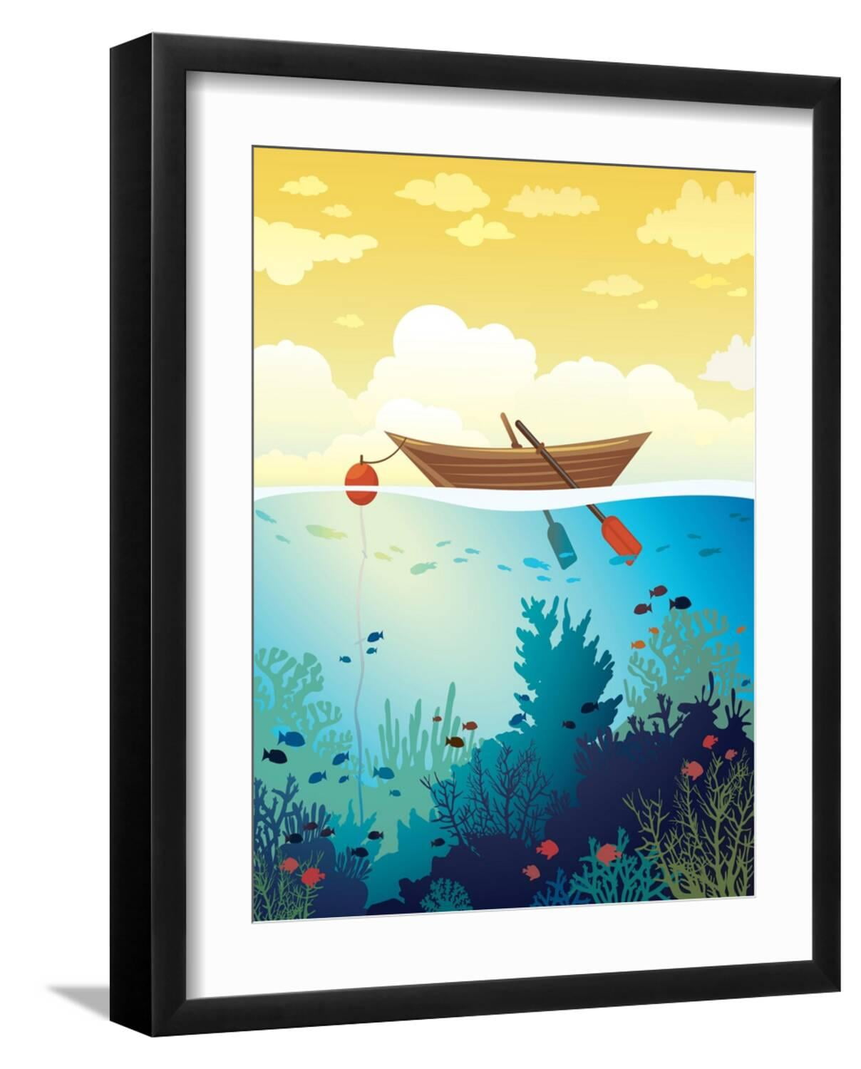 Art.com Vector Seascape - Wooden Boat on a Sunset Sky and Underwater ...