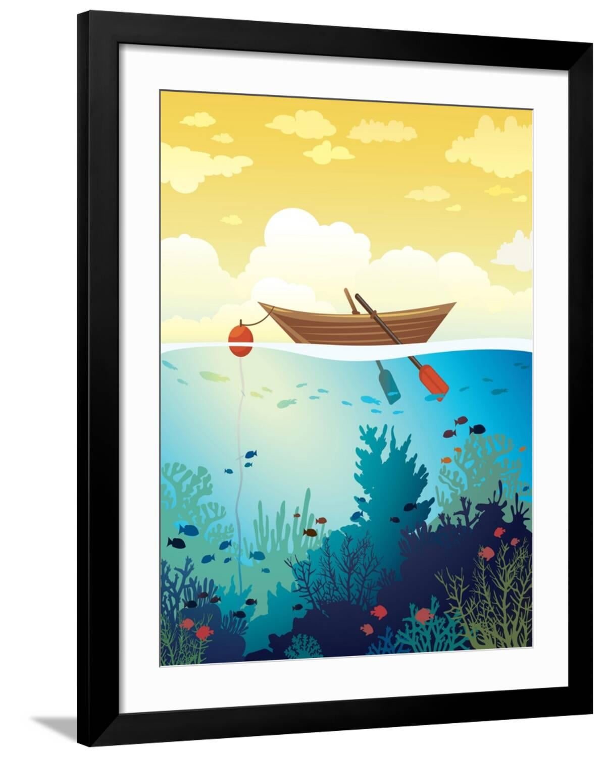 Art.com Vector Seascape - Wooden Boat on a Sunset Sky and Underwater ...