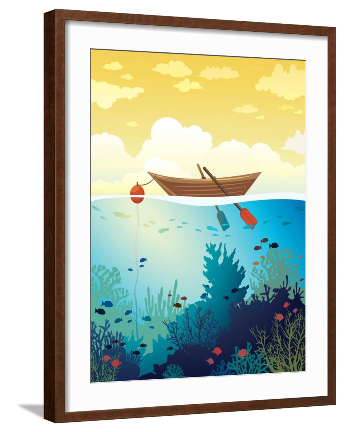 Art.com Vector Seascape - Wooden Boat on a Sunset Sky and Underwater ...