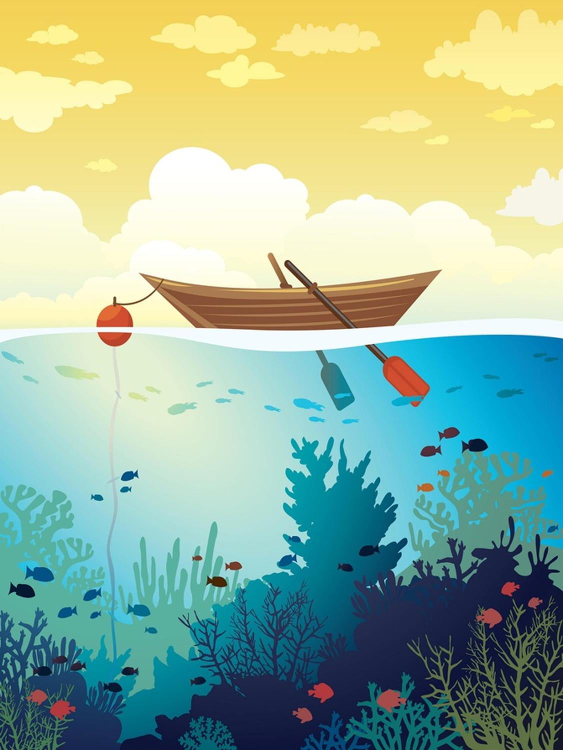 Art.com Vector Seascape - Wooden Boat on a Sunset Sky and Underwater ...